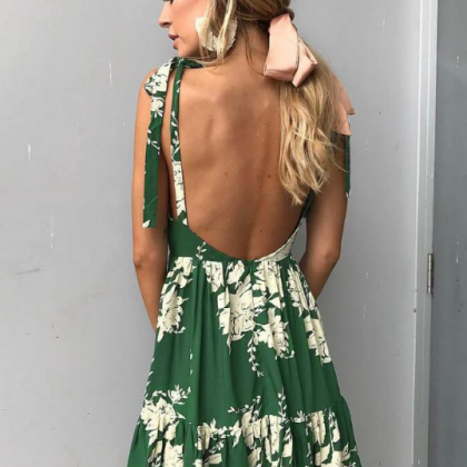 Green Ruffle Floral Printed V Neckline Backless Short Summer Dress on ...