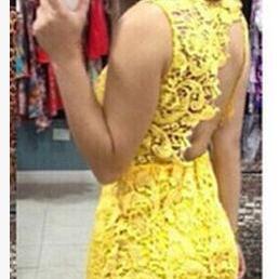 Lace Sexy Backless Yellow Mini Dress on Luulla