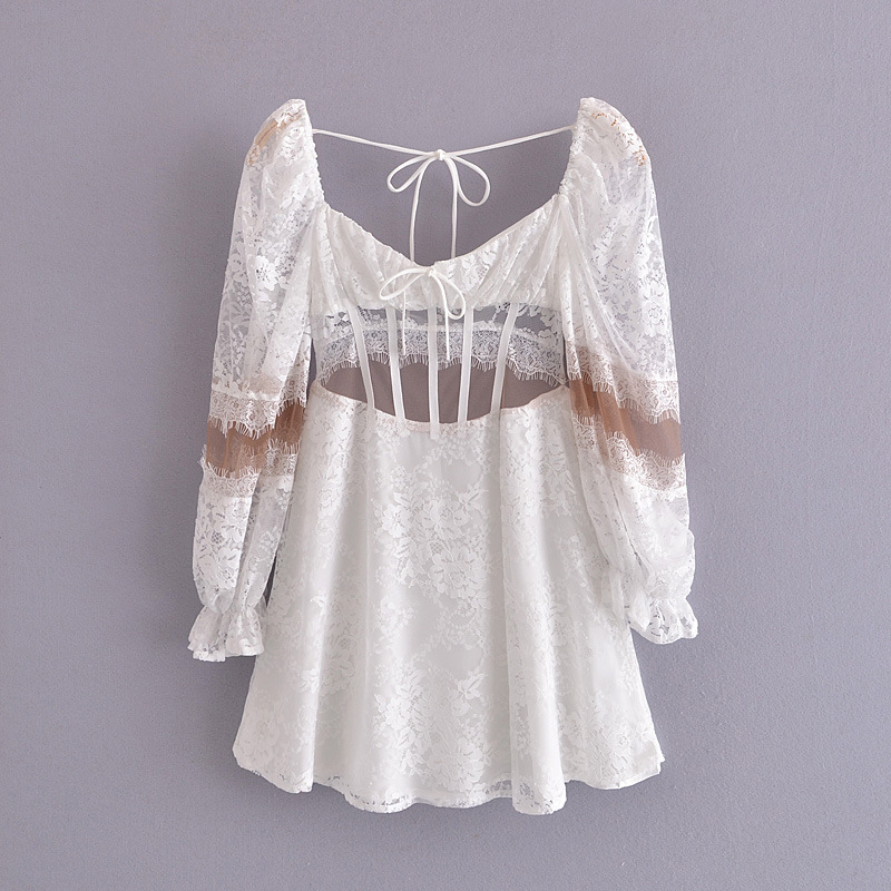 Open Back White Lace Puff Sleeve Mini Dress on Luulla