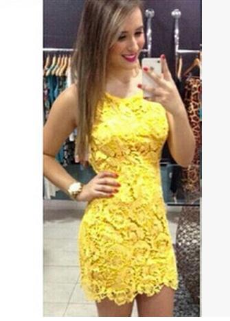 Lace Sexy Backless Yellow Mini Dress on Luulla