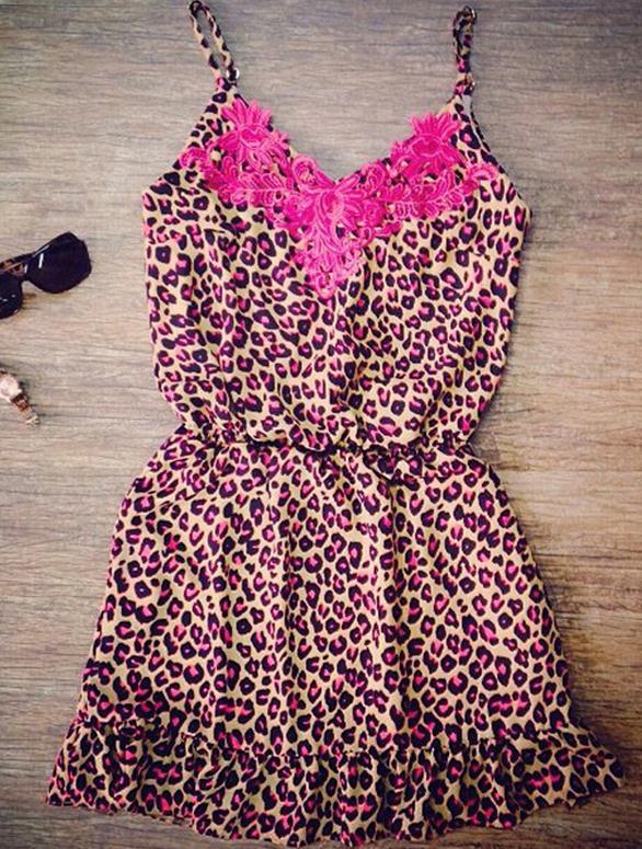 Sexy Condole Belt Red Lace Collar Leopard Print Dress on Luulla