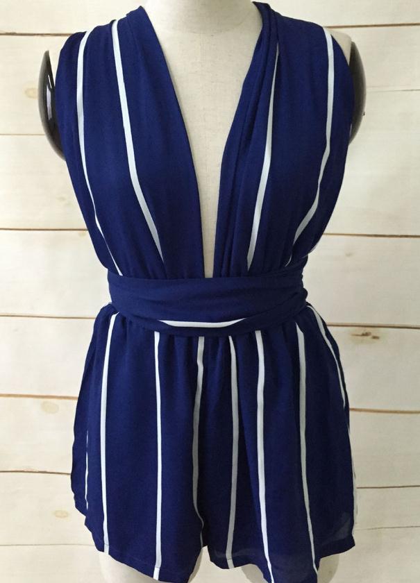 Blue Striped Backless Romper on Luulla