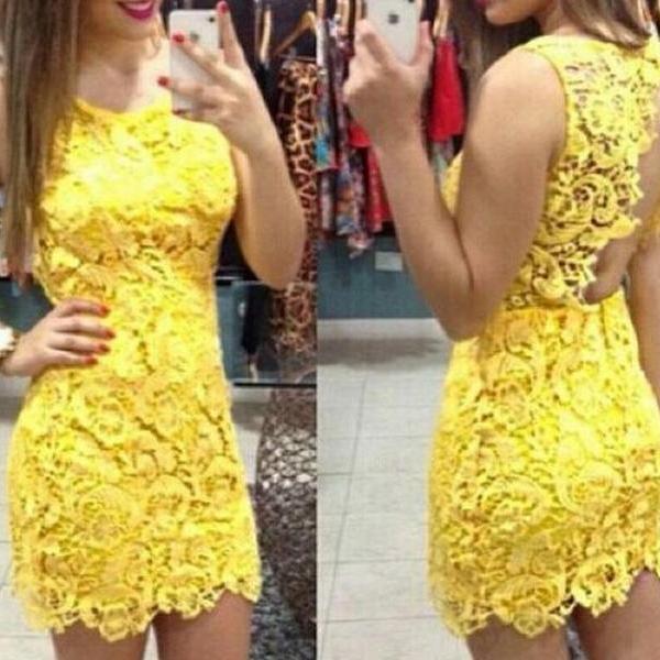 Lace Sexy Backless Yellow Mini Dress on Luulla