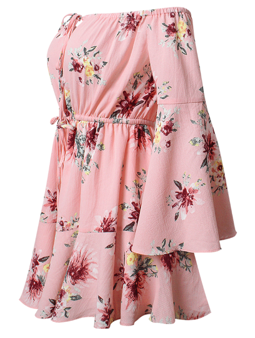 Light Pink Floral Print Off-the-shoulder Long Flared Sleeves Romper on ...
