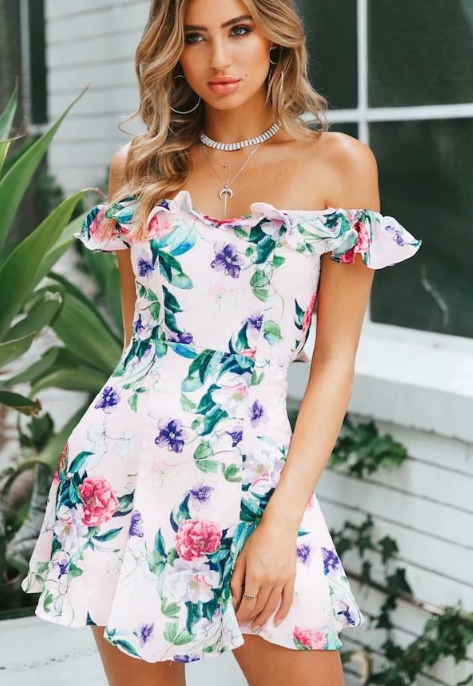 Off Shoulder Print Floral Dress on Luulla