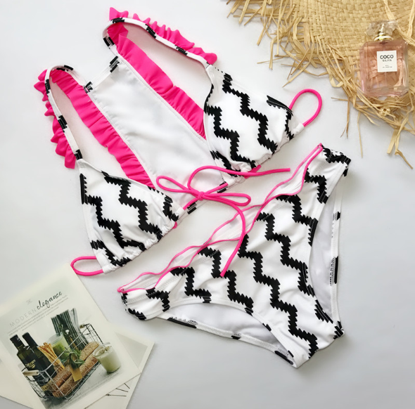 Striped-split Swimsuit Ladies' Sexy Lace Bikini Print Ruffled Edge ...