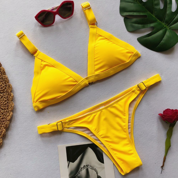 Style Bikini Triangular Solid Color Button Split Bathing Suit on Luulla