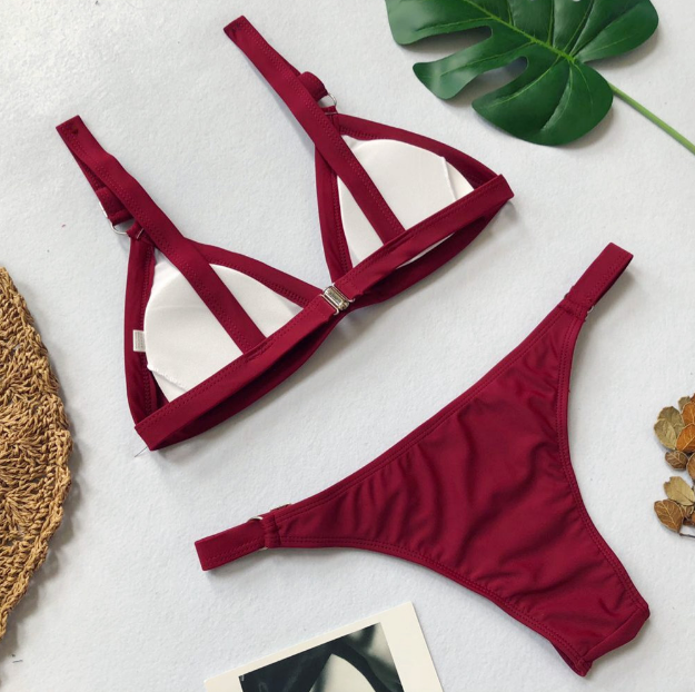 Style Bikini Triangular Solid Color Button Split Bathing Suit on Luulla