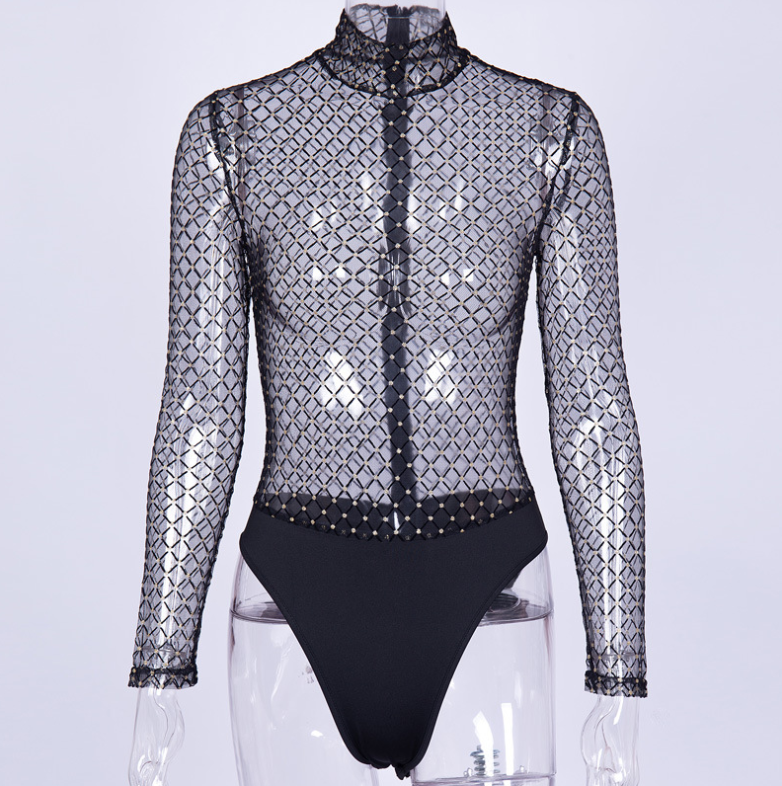 Style One-piece Ironing Drill Mesh Perspective Outfit Flash Gold ...