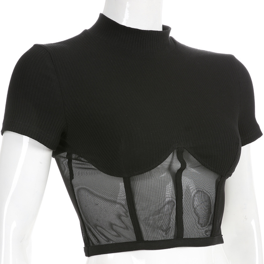 2019 Women's Explosions Small High-necked Pit Mesh Gauze Stitching Sexy ...