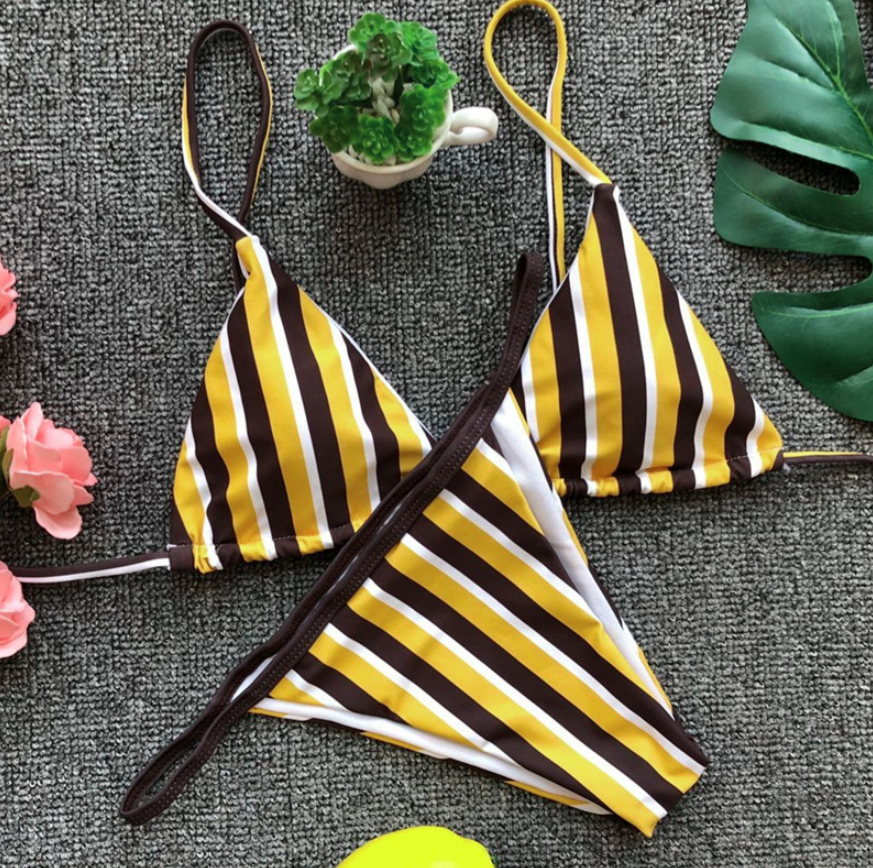 Explosive Print Striped Triangle Bikini Sexy Backless Split Swimsuit