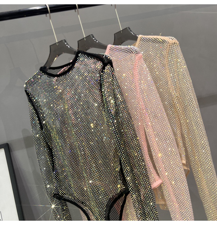 Shiny Rhine-drill Fishnet Onesie Mesh See-through Fashion Sexy Onesie ...