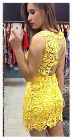 Lace Sexy Backless Yellow Mini Dress on Luulla