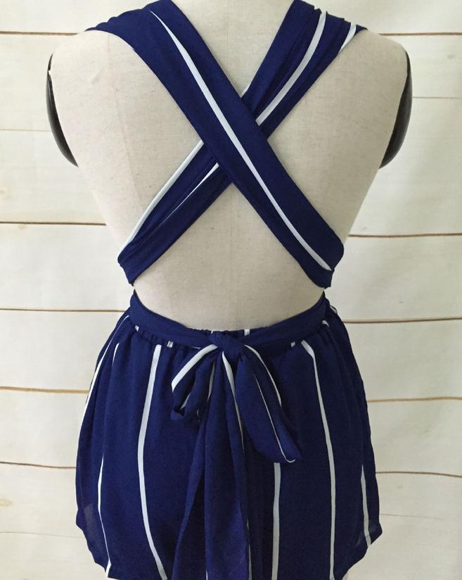 Blue Striped Backless Romper on Luulla